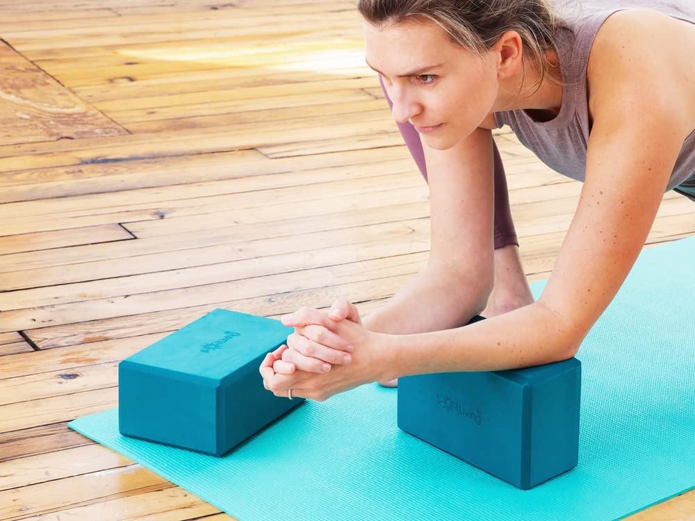 Sol Living Yoga Blocks 2 Pack High Density EVA Foam Yoga Cushion Stretching Pilates Meditation Exercise Equipment Support Deepen Poses Odor Free Non Slip Yoga Accessories - 4" x 6" x 9"- Teal