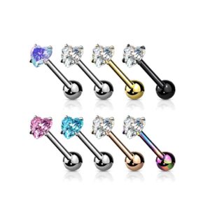 Amelia Fashion 14 Gauge Prong Set Heart CZ 316L Surgical Steel Barbell Tongue Rings (Choose Color) (Rainbow/Clear)