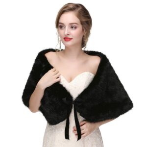 Haloty Women Bride Wedding Faux Fur Shawl 1920s Fur Stole Bridal Fur Shawls and Wraps Wedding Faux Fur Stole Fur Capelet Fur Cape Fur Shrug for Women and Girls(Black)