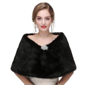 haloty wedding faux fur shawl 1920s women fur shawls and wraps bride fur stole bridal faux fur capelet fur cape fur shrug with brooch for women and girls(black)