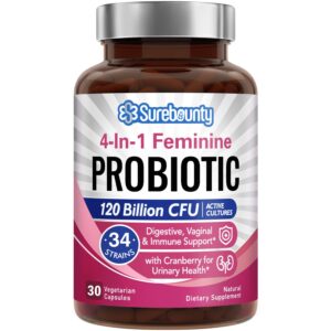 surebounty probiotics for women, 120 billion cfu 34 strains, prebiotics, digestive enzymes, cranberry, 4-in-1 feminine probiotic, digestive, vaginal, immune support, 30ct