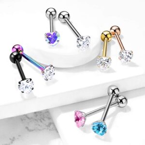 Amelia Fashion 14 Gauge Prong Set Heart CZ 316L Surgical Steel Barbell Tongue Rings (Choose Color) (Rainbow/Clear)