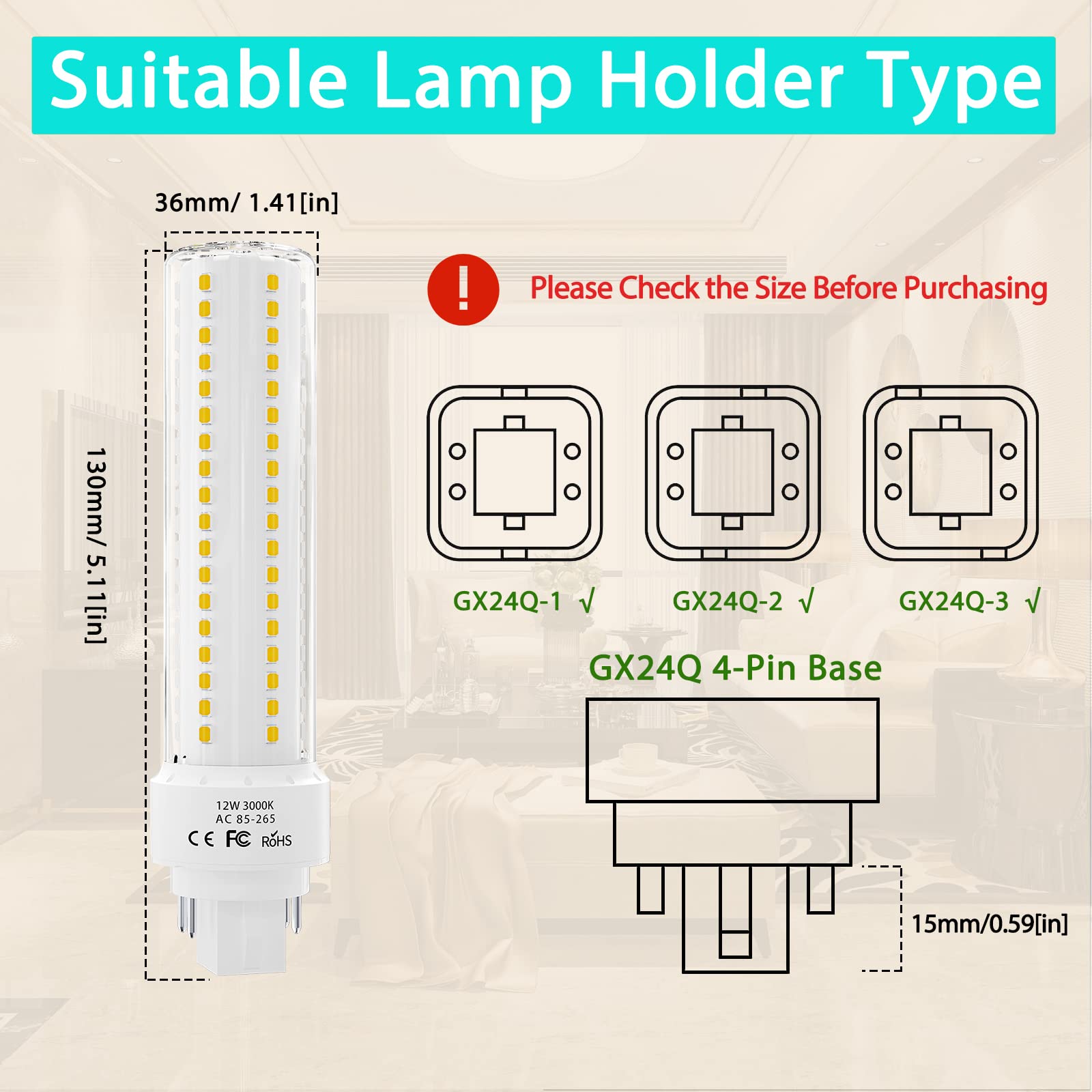 Lustaled Gx24q/G24q 4-Pin Base Light Bulbs, 12W Gx24 LED PL Recessed Lights, Daylight 6000K 26W CFL Replacement for Ceiling Light Downlight Wall Sconce, 4-Pack (Remove/Bypass The Ballast)