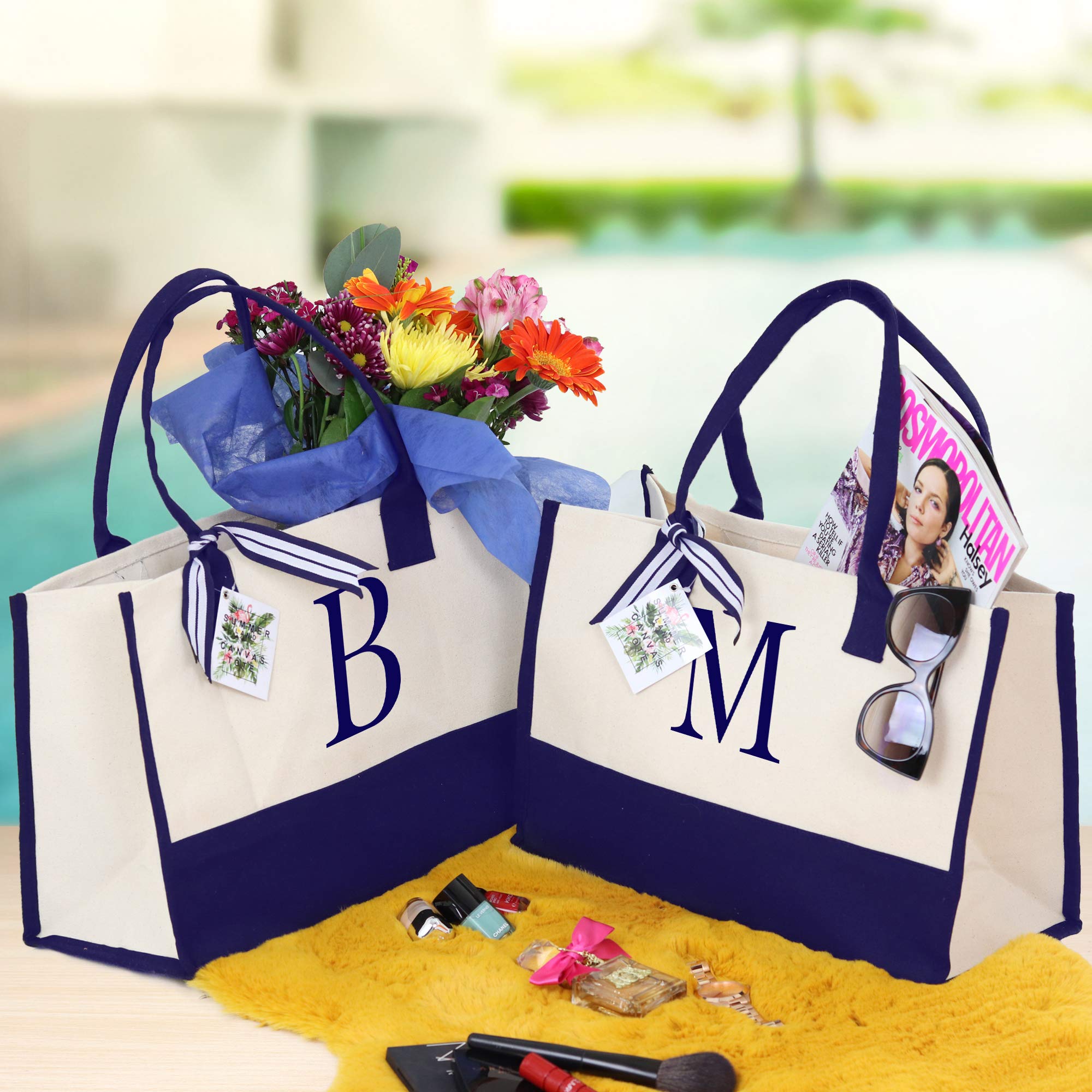 VANESSA ROSELLA Monogram Tote Bag with 100% Cotton Canvas and a Chic Personalized Monogram (Navy Block Letter - M)