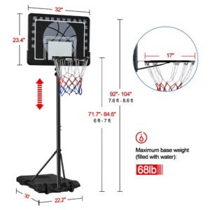 Topeakmart Portable Basketball Hoop System Free Standing Basketaball Goal Set 7.7ft-8.7ft Baskatball Net Stand with 32'' PE Backboard & Fillable Base