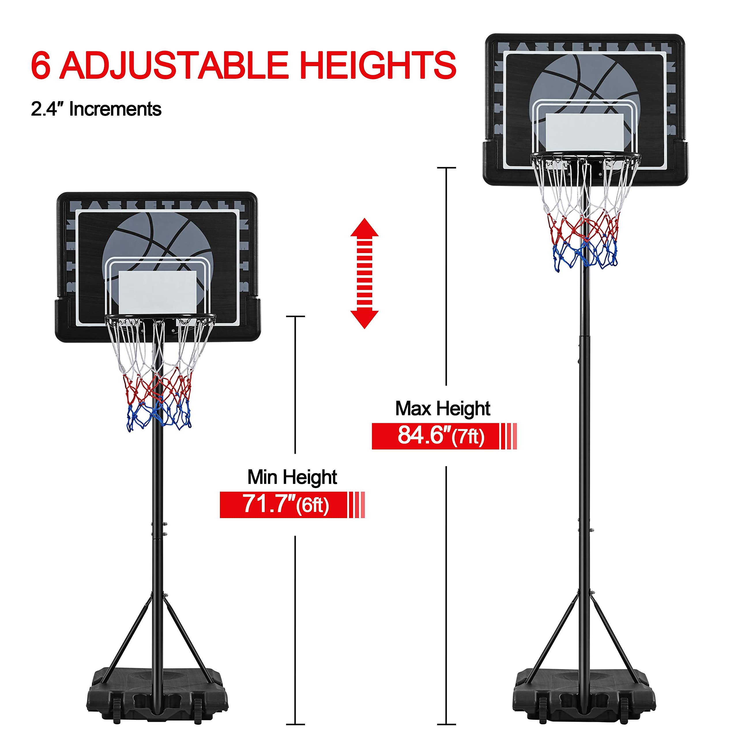 Topeakmart Portable Basketball Hoop System Free Standing Basketaball Goal Set 7.7ft-8.7ft Baskatball Net Stand with 32'' PE Backboard & Fillable Base