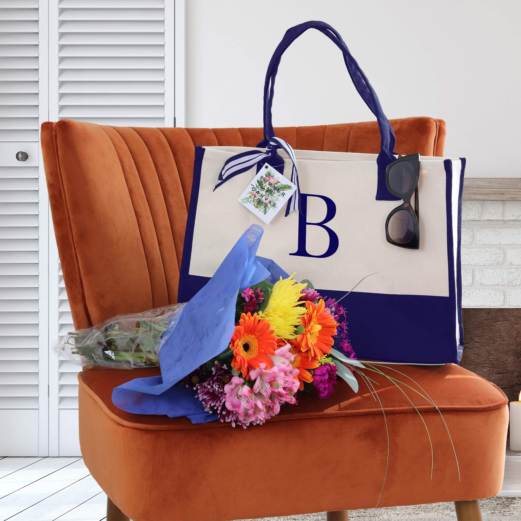 VANESSA ROSELLA Monogram Tote Bag with 100% Cotton Canvas and a Chic Personalized Monogram (Navy Block Letter - M)