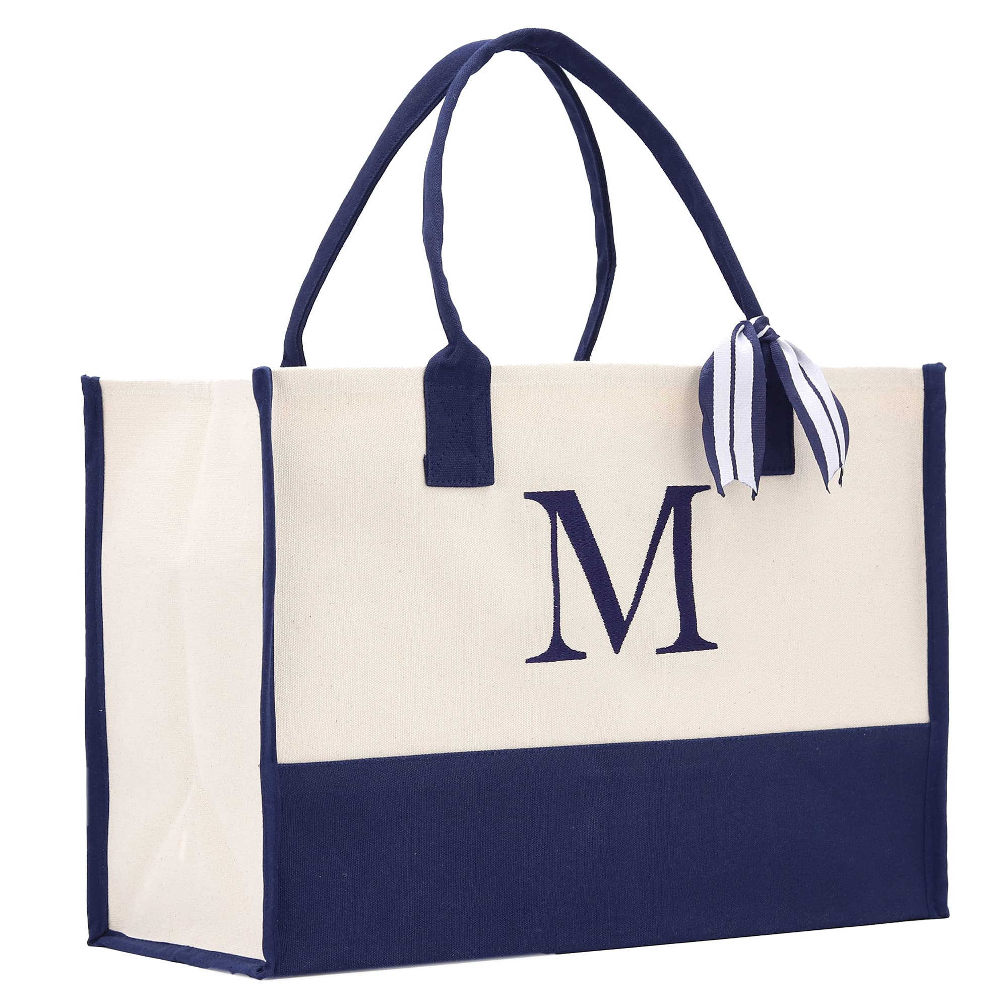 VANESSA ROSELLA Monogram Tote Bag with 100% Cotton Canvas and a Chic Personalized Monogram (Navy Block Letter - M)