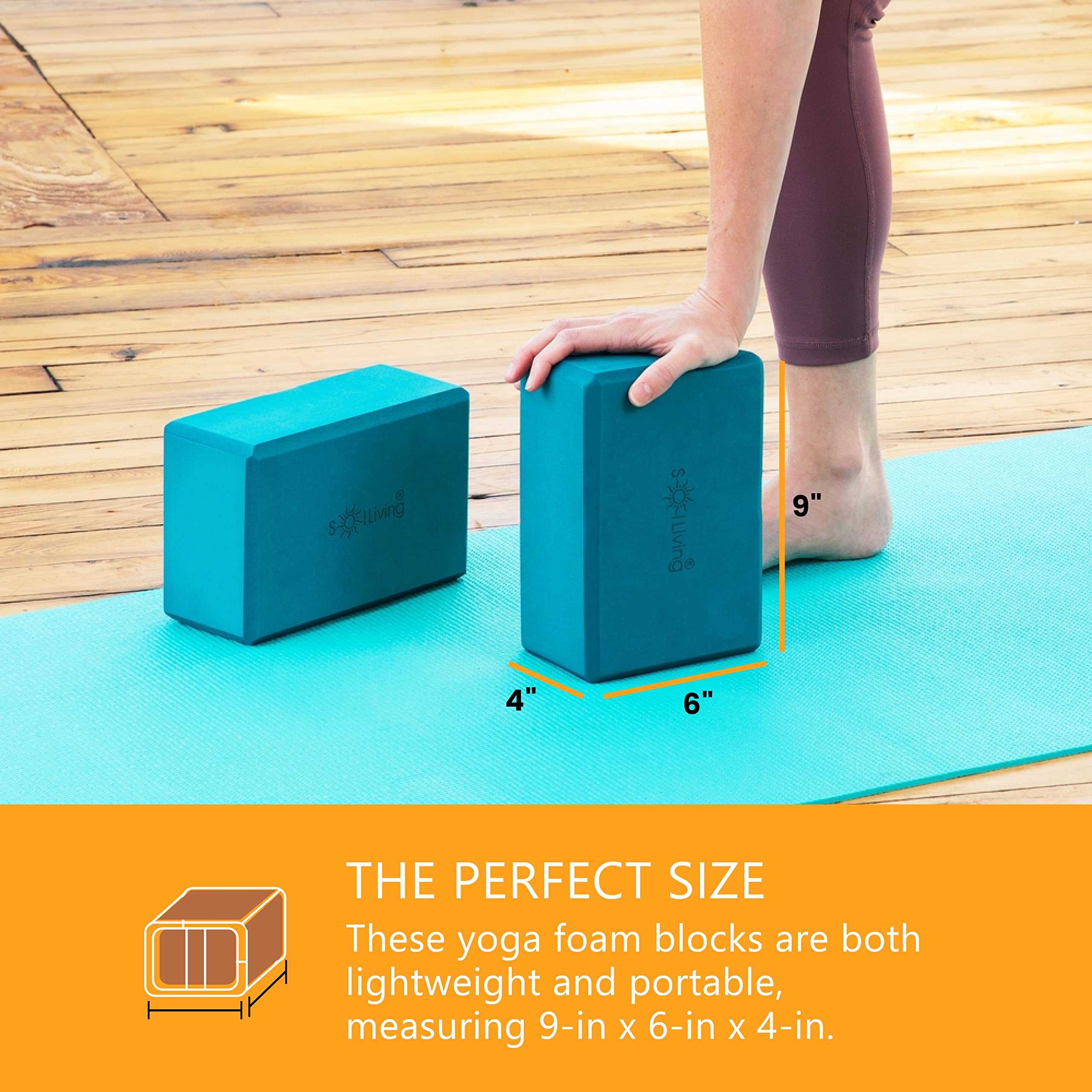 Sol Living Yoga Blocks 2 Pack High Density EVA Foam Yoga Cushion Stretching Pilates Meditation Exercise Equipment Support Deepen Poses Odor Free Non Slip Yoga Accessories - 4" x 6" x 9"- Teal