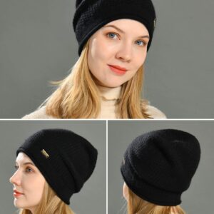 jaxmonoy Black Slouchy Beanies for Women Winter Soft Warm Cashmere Hat Skull Cap Ladies Knit Wool Beanie hat for Women - Black