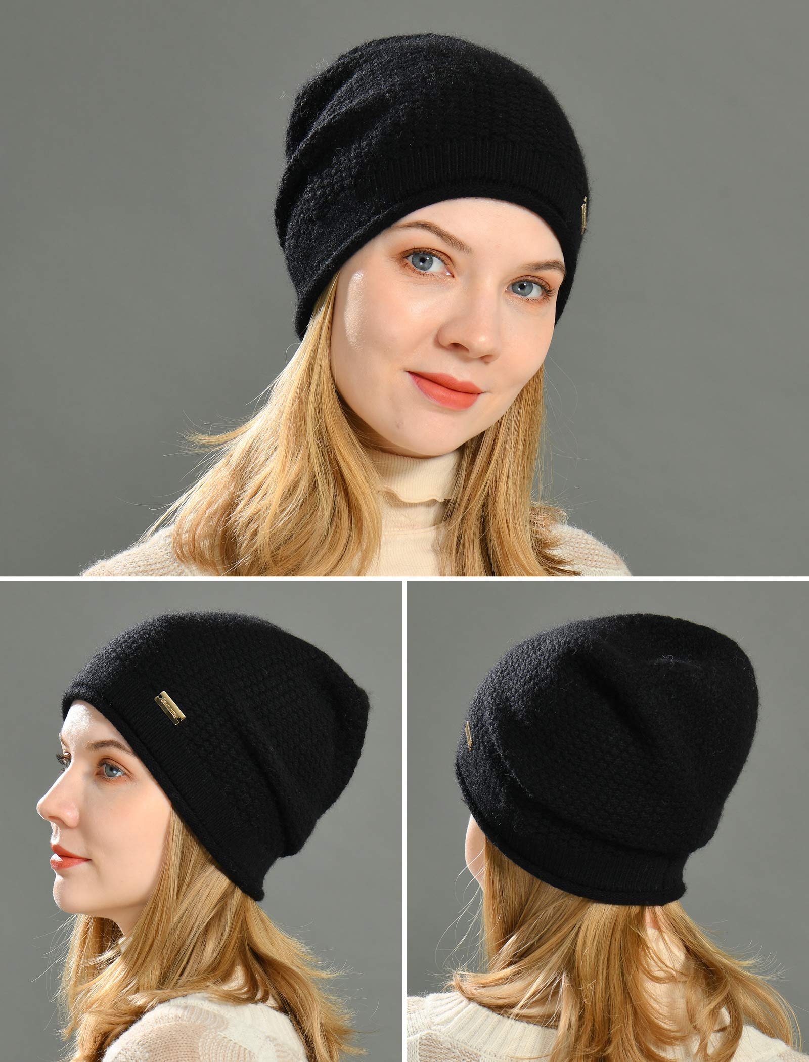 jaxmonoy Black Slouchy Beanies for Women Winter Soft Warm Cashmere Hat Skull Cap Ladies Knit Wool Beanie hat for Women - Black