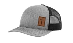 heritage pride men's christian cross worship prayer god laser engraved leather patch mesh back trucker hat, heather grey/black