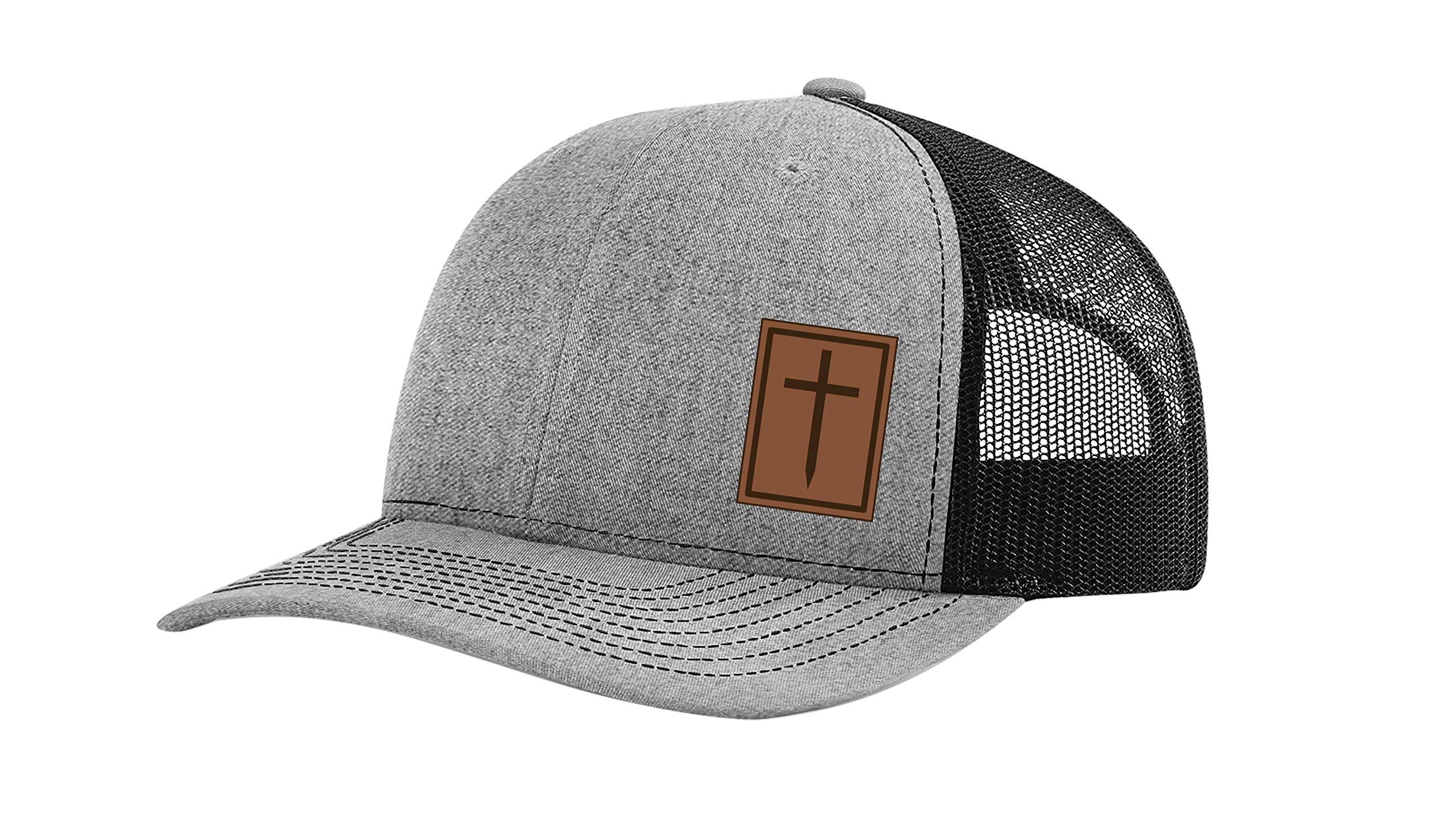 Heritage Pride Men's Christian Cross Worship Prayer God Laser Engraved Leather Patch Mesh Back Trucker Hat, Heather Grey/Black