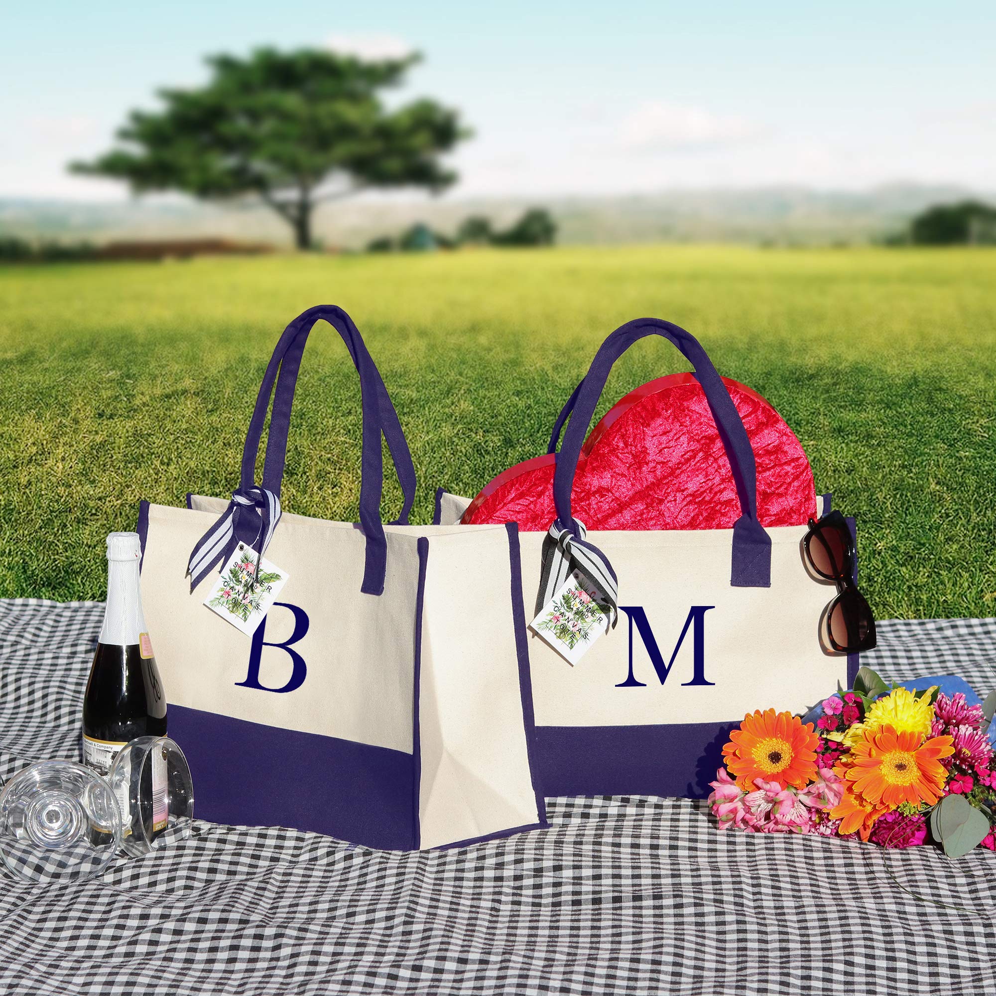 VANESSA ROSELLA Monogram Tote Bag with 100% Cotton Canvas and a Chic Personalized Monogram (Navy Block Letter - M)