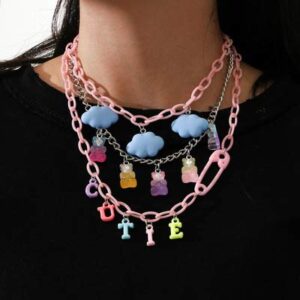 Multilayer Resin Gummy Cartoon Bear Link Chain Pendant Necklace Punk Colorful Transparent Acrylic Animal Butterfly Cloud Choker Necklace for Women Party Hip Hop Jewelry-A cutie