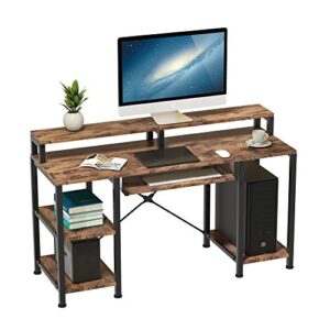 techland industrial computer desk with storage shelves/keyboard tray/monitor stand, modern study writing table workstation for home office