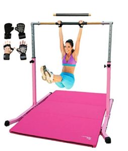 gymnastic kip bar horizontal bar expandable height for kids junior gymnastics 4'x6' mat- adjustable 3 to 5 ft - gymnastic bar with cushioned bar pad for fiberglass rail with curved legs, gloves (pink)