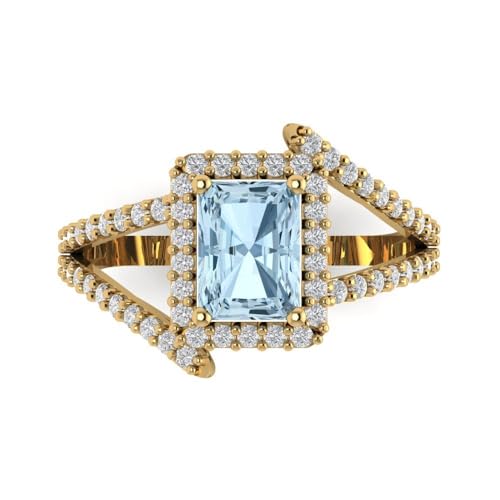 Clara Pucci 2.10ct Emerald Cut Solitaire Halo Blue Simulated Diamond Engagement Promise Anniversary Bridal Ring 18K Yellow Gold 9.75