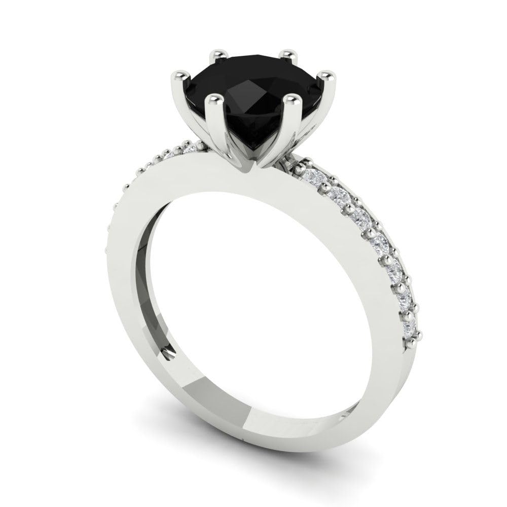 2.06 Brilliant Round Cut Solitaire Natural Black Onyx Accent Bridal Wedding Statement ring Solid 18K White Gold Size 7