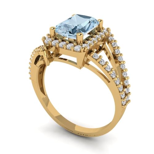 Clara Pucci 2.10ct Emerald Cut Solitaire Halo Blue Simulated Diamond Engagement Promise Anniversary Bridal Ring 18K Yellow Gold 9.75