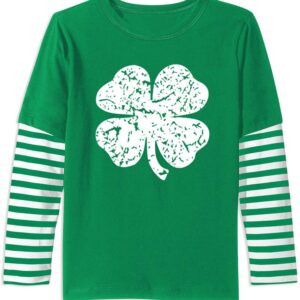 BesserBay Boy's Sanit Patricks Day Clover Shirt Irish Long Sleeve Green Top for Girls 9-10 Years