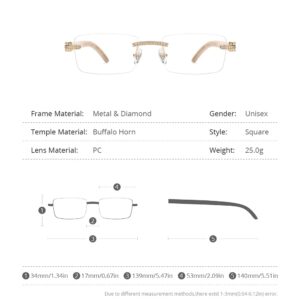 HEPIDEM 100% Really Buffalo Horn Handmade Glasses Rimless Diamonds Eyeglasses 0015 (Diamond White, 53)