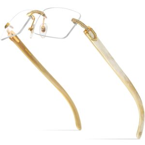 hepidem 100% really buffalo horn handmade glasses rimless diamonds eyeglasses 0015 (diamond white, 53)