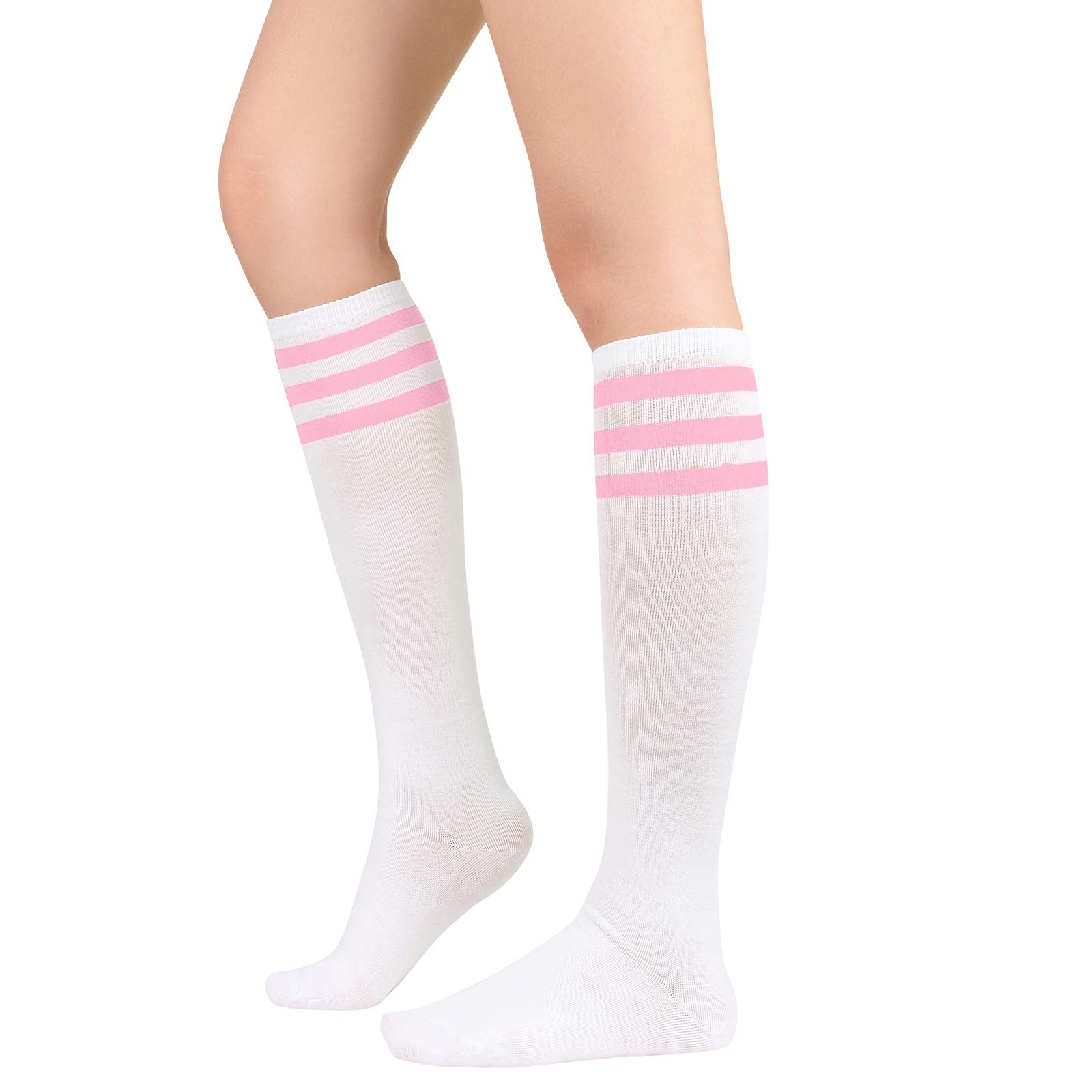 American Trends Womens Athletic Socks Outdoor Sport Socks Thigh High Tights Stockings Casual Stripes Tube Socks 1 Pack White Pink One Size