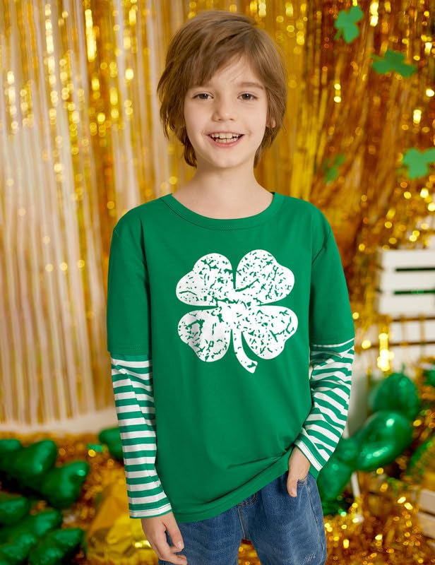 BesserBay Boy's Sanit Patricks Day Clover Shirt Irish Long Sleeve Green Top for Girls 9-10 Years