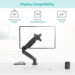 WALI Single Monitor Arm Mount Stand Fully Adjustable Gas Spring Arm Desk Mount Swivel Bracket with C Clamp, Grommet Mounting Base for Display Up to 32 Inch,19.8lbs. Capacity (GSMP001), Matte Black