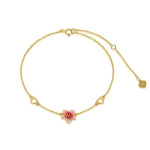 14k solid gold cherry blossoms bracelet for women,yellow gold exquisite heart flower anklet bracelets,anniversary birthday jewelry gifts for wife mom 6.5''+1''+1''