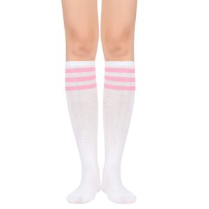 American Trends Womens Athletic Socks Outdoor Sport Socks Thigh High Tights Stockings Casual Stripes Tube Socks 1 Pack White Pink One Size