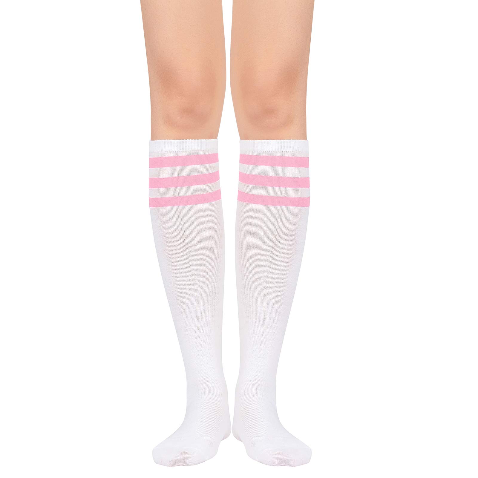 American Trends Womens Athletic Socks Outdoor Sport Socks Thigh High Tights Stockings Casual Stripes Tube Socks 1 Pack White Pink One Size