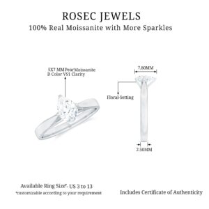 Rosec Jewels Certified Diamond Moissanite Solitaire Engagement Ring, D-Vs1 Quality, 5X7mm Pear Shaped Moissanite Ring, 14K White Gold, Size:US 7.50