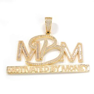 icediamond 14k big diamond mbm-motivated by money encourage necklace, iced out shiny rhinestone letter pendant with tennis chain, hip hop jewelry for men women (gold,20''tennis)