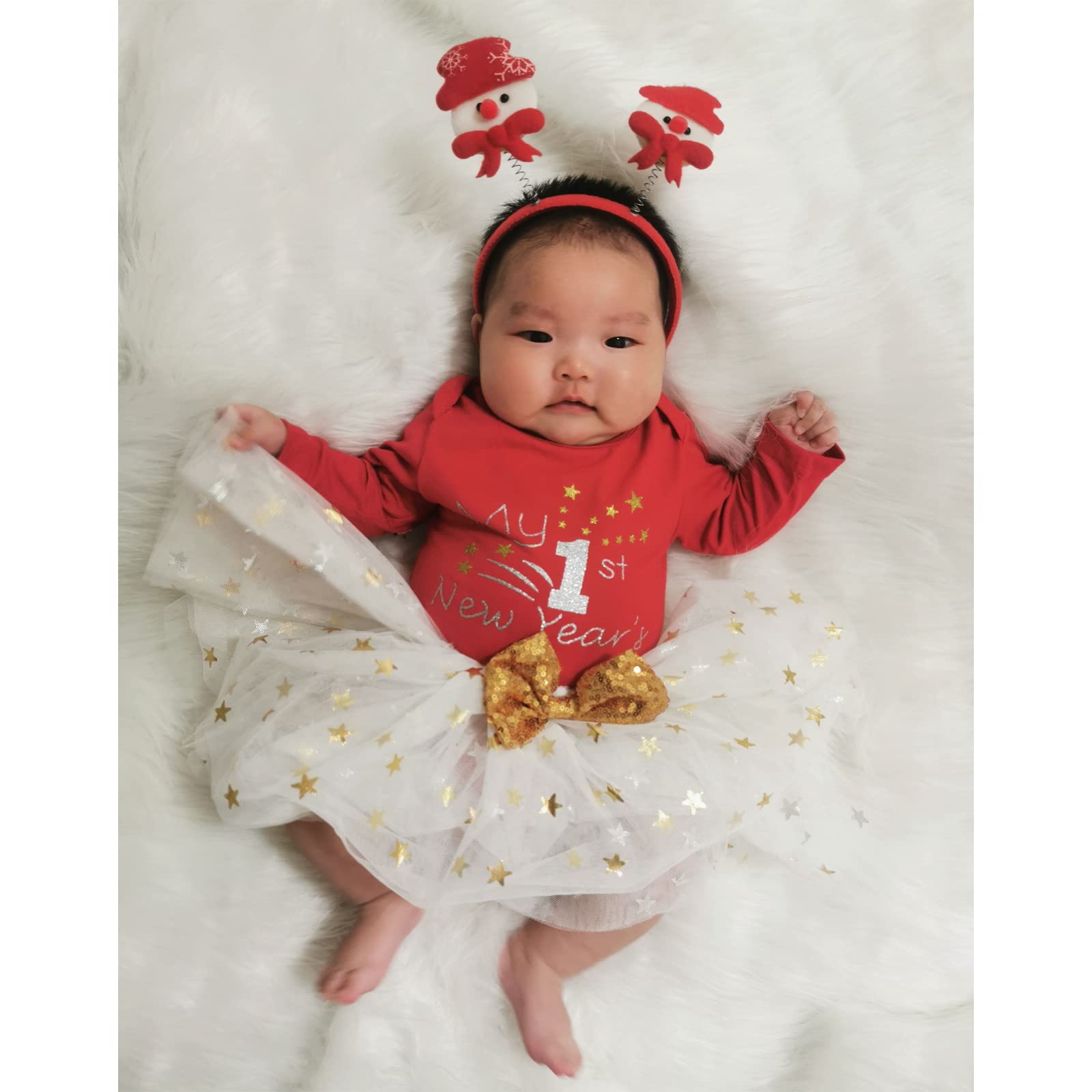 GLIGLITTR My First New Year's Outfit Newborn Baby Girl Clothes Long Sleeve Romper Top+Tutu Skirt+Headband 3Pcs Skirt Set(Red, 18 Months)