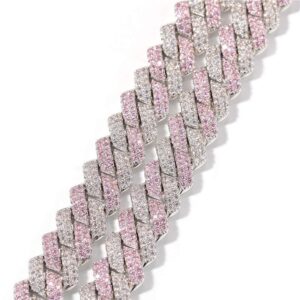 ICEDIAMOND 13mm Color Mixed Iced Out Miami Cuban Chain Necklace, Prong Setting Full Pink Clear CZ Diamond Hip Hop Choker Chain, Gold Plated Fashion Jewelry for Unisex (16'')