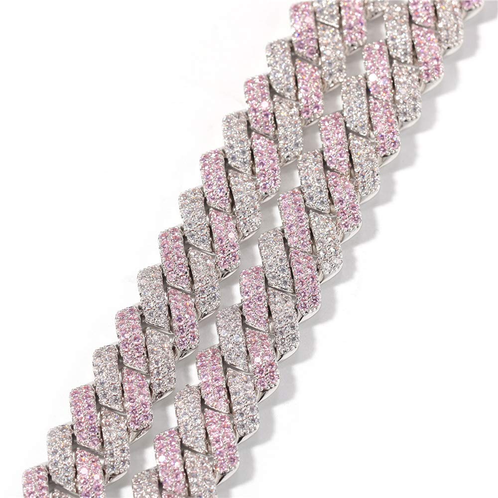 ICEDIAMOND 13mm Color Mixed Iced Out Miami Cuban Chain Necklace, Prong Setting Full Pink Clear CZ Diamond Hip Hop Choker Chain, Gold Plated Fashion Jewelry for Unisex (16'')