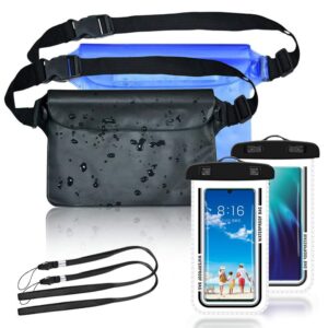 sitake 4 pcs waterproof pouch bags set, including 2 waterproof waist pouch with adjustable waist strap, 2 waterproof phone cases for kayaking, swimming,travel (black+blue)