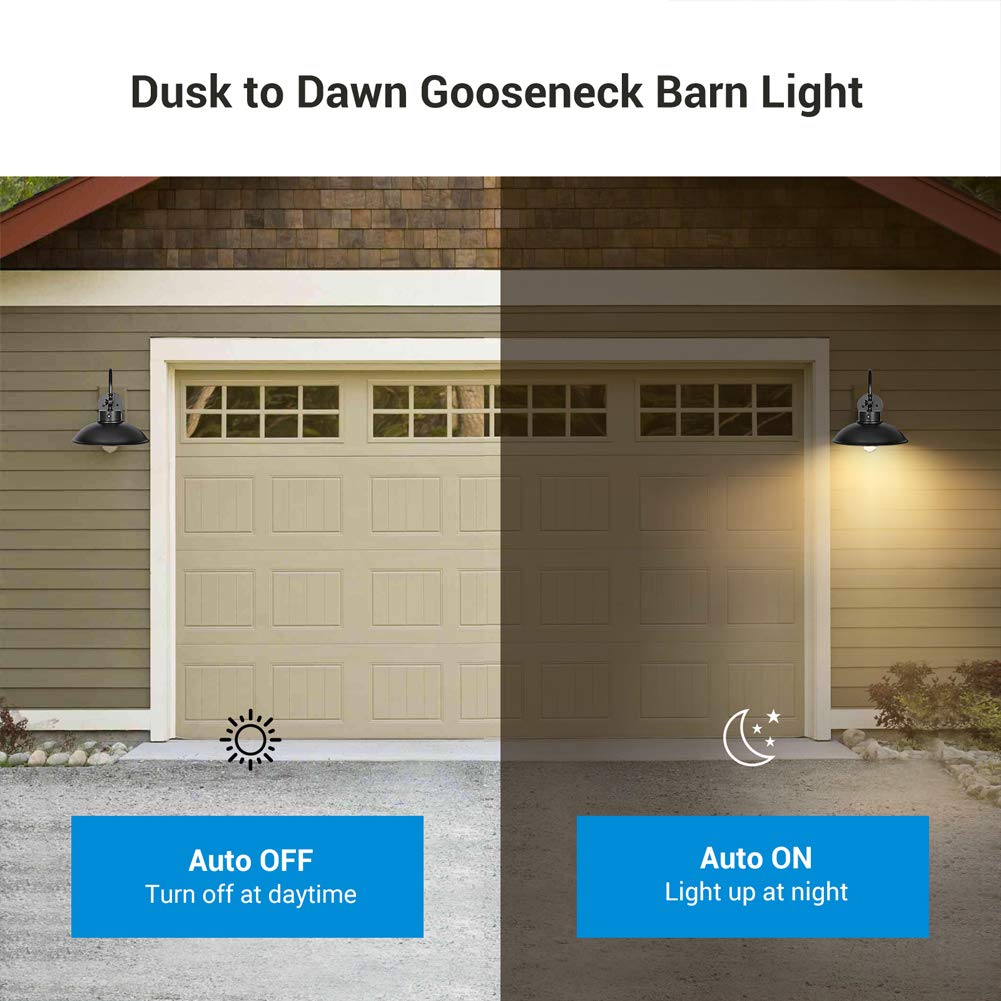 DEWENWILS Dusk to Dawn Outdoor Wall Lights, 2 Pack Farmhouse Gooseneck Barn Light Fixtures, Matte Black Exterior Wall Mount Sconces Waterproof Outside Porch Lights Lamp for Garage, Patio, Entryway