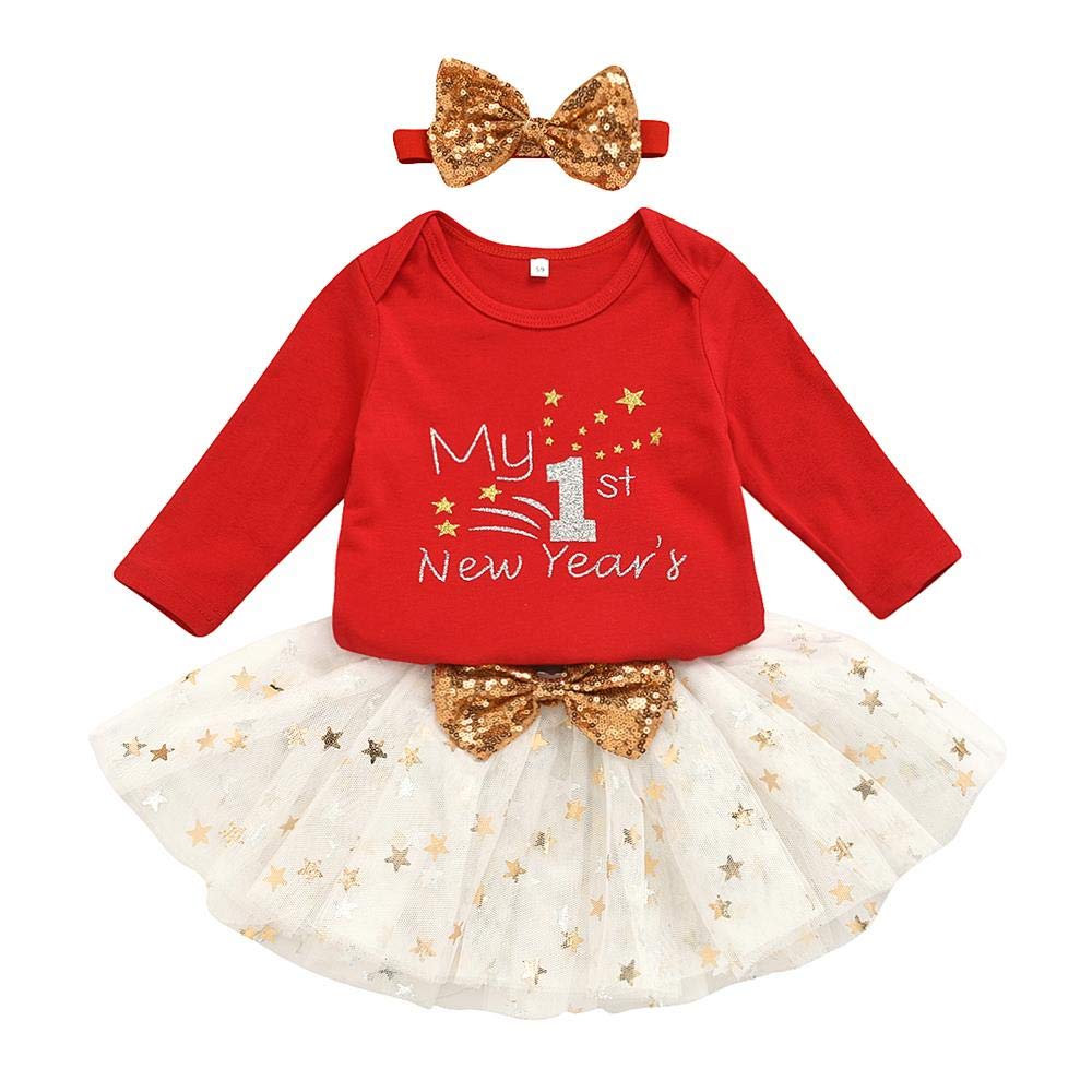 GLIGLITTR My First New Year's Outfit Newborn Baby Girl Clothes Long Sleeve Romper Top+Tutu Skirt+Headband 3Pcs Skirt Set(Red, 18 Months)