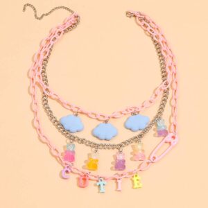 Multilayer Resin Gummy Cartoon Bear Link Chain Pendant Necklace Punk Colorful Transparent Acrylic Animal Butterfly Cloud Choker Necklace for Women Party Hip Hop Jewelry-A cutie