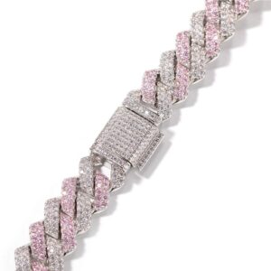 ICEDIAMOND 13mm Color Mixed Iced Out Miami Cuban Chain Necklace, Prong Setting Full Pink Clear CZ Diamond Hip Hop Choker Chain, Gold Plated Fashion Jewelry for Unisex (16'')