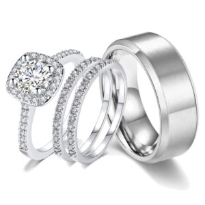 18k white gold plated wedding ring sets for him and her women men titanium stainless steel bands 2ct cz couple rings size 9&7