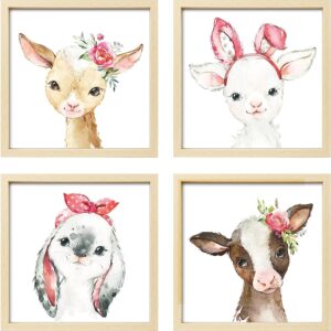 artbyhannah 4-pack kids artwork frames changeable，framed baby girl nursery decor, nursery wall art with 10x10 wood frames & watercolor animals prints, for baby room, playroom,bedroom decoration