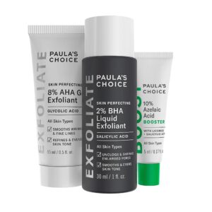 paula's choice 2% bha liquid & 8% aha gel facial exfoliants with salicylic & glycolic acid, 10% azelaic acid for large pores, wrinkles & uneven tone, fragrance-free & paraben-free, 3-piece travel kit