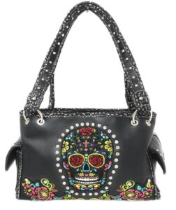 texas west women's embroidered flora sugar skull purse handbag and clutch wallet set in 4 colors (black handbag only)