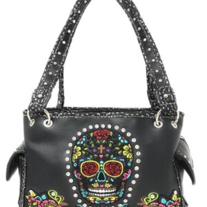 Texas West Women's Embroidered Flora Sugar Skull Purse Handbag and Clutch Wallet set in 4 colors (Black Handbag only)