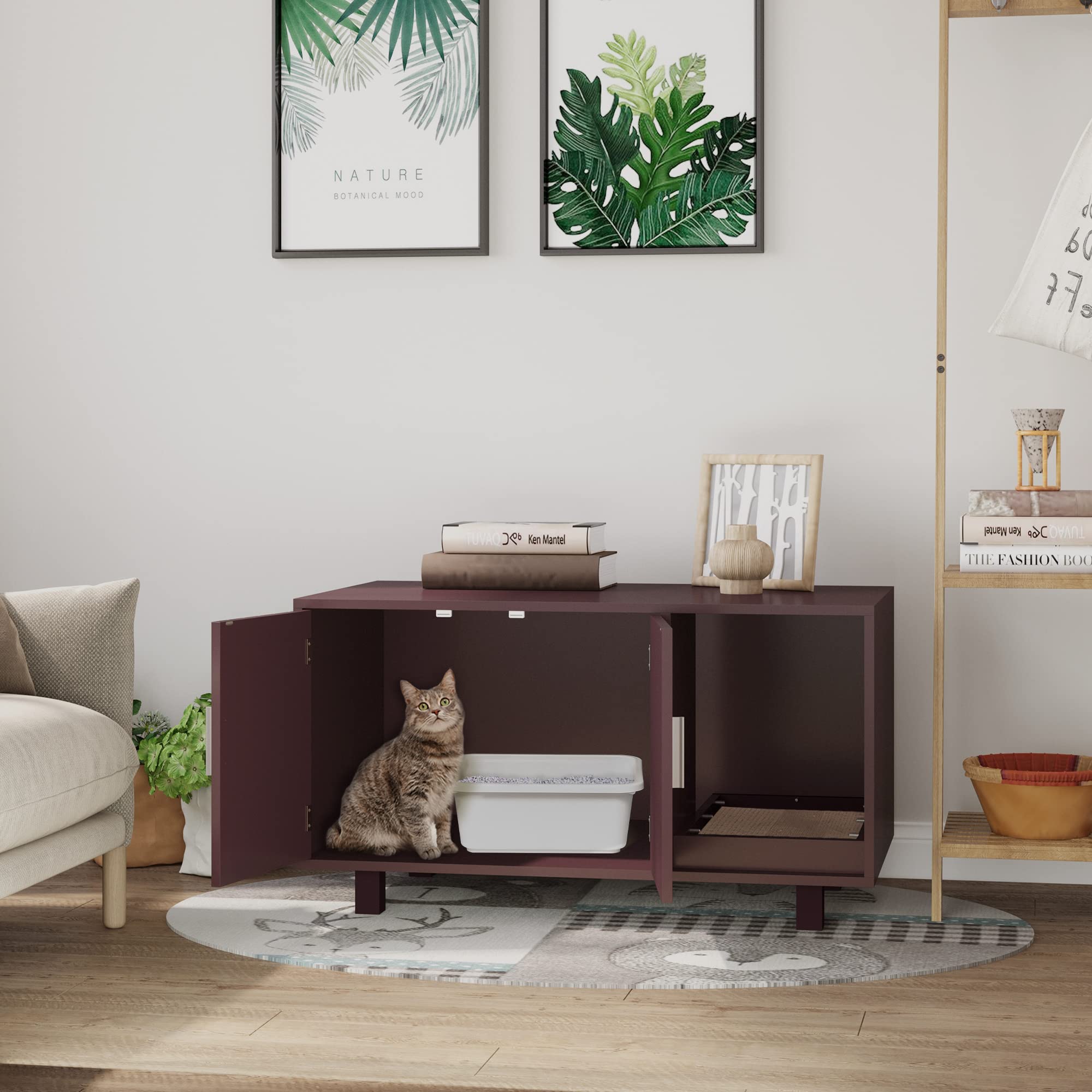 PawHut Wooden Cat Litter Box Enclosure & House, Kitty Hidden Washroom, with End Table Design, Scratcher, & Magnetic Doors, Brown