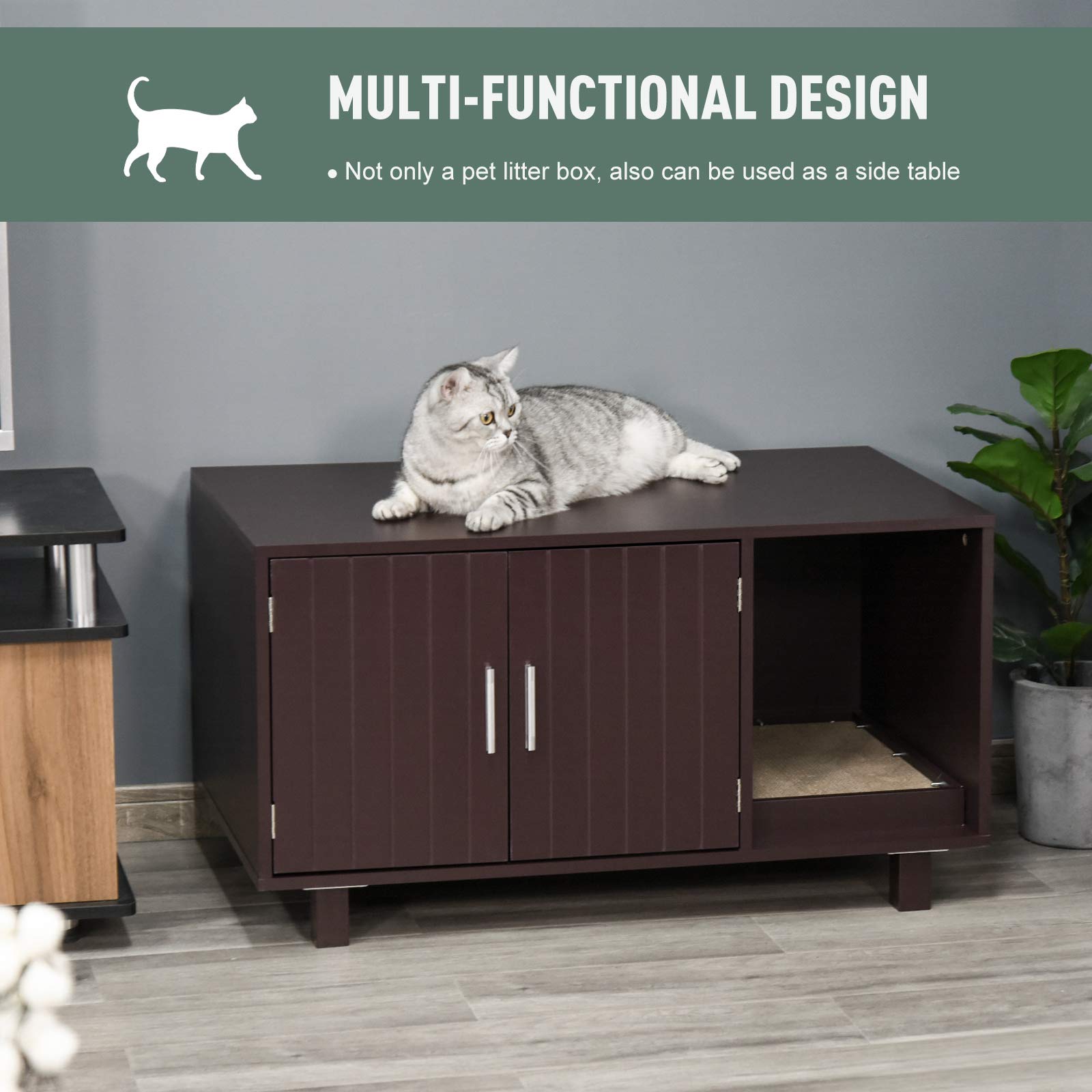 PawHut Wooden Cat Litter Box Enclosure & House, Kitty Hidden Washroom, with End Table Design, Scratcher, & Magnetic Doors, Brown